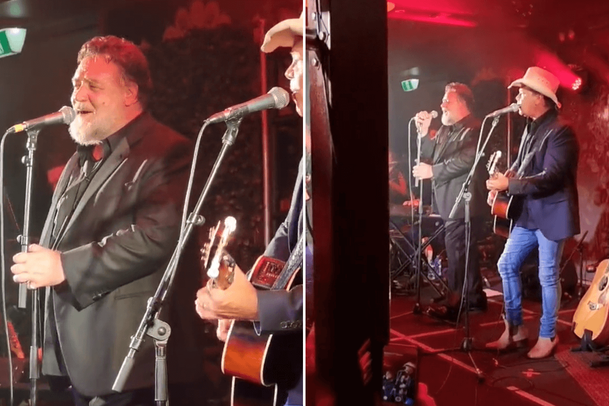 Russell Crowe serenades pub crowd in Coffs Harbour